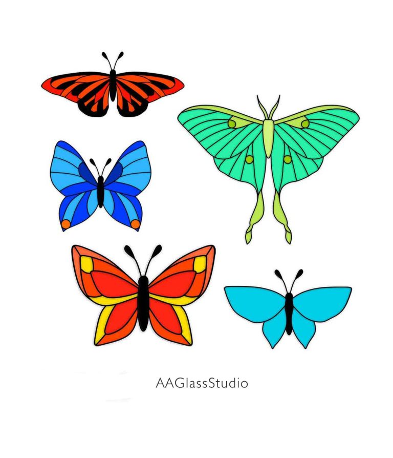 Beautiful Stained Glass Butterfly Patterns Set Of 5 - AAGlassStudio