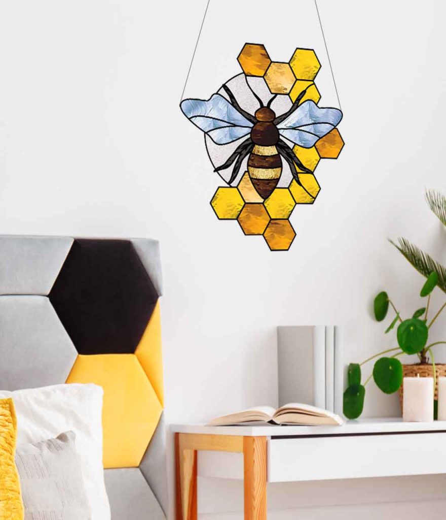 Stained Glass Bee Pattern Honeycomb Window Décor - AAGlassStudio