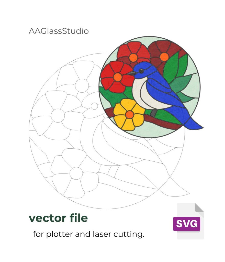 Bluebird Stained Glass Pattern Bird In Flowers - AAGlassStudio