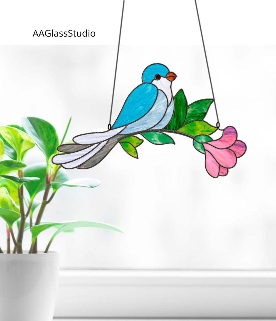 Simple Dove Pattern Stained Glass Birds On Branch - AAGlassStudio