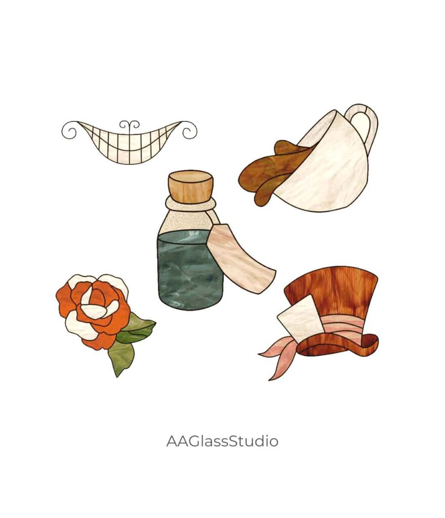 Stained Glass Alice In Wonderland Pattern Easy Set Of 5 - AAGlassStudio