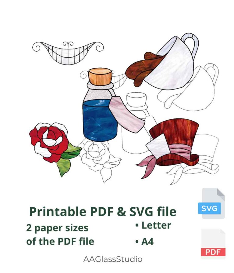 Stained Glass Alice In Wonderland Pattern Easy Set Of 5 - AAGlassStudio