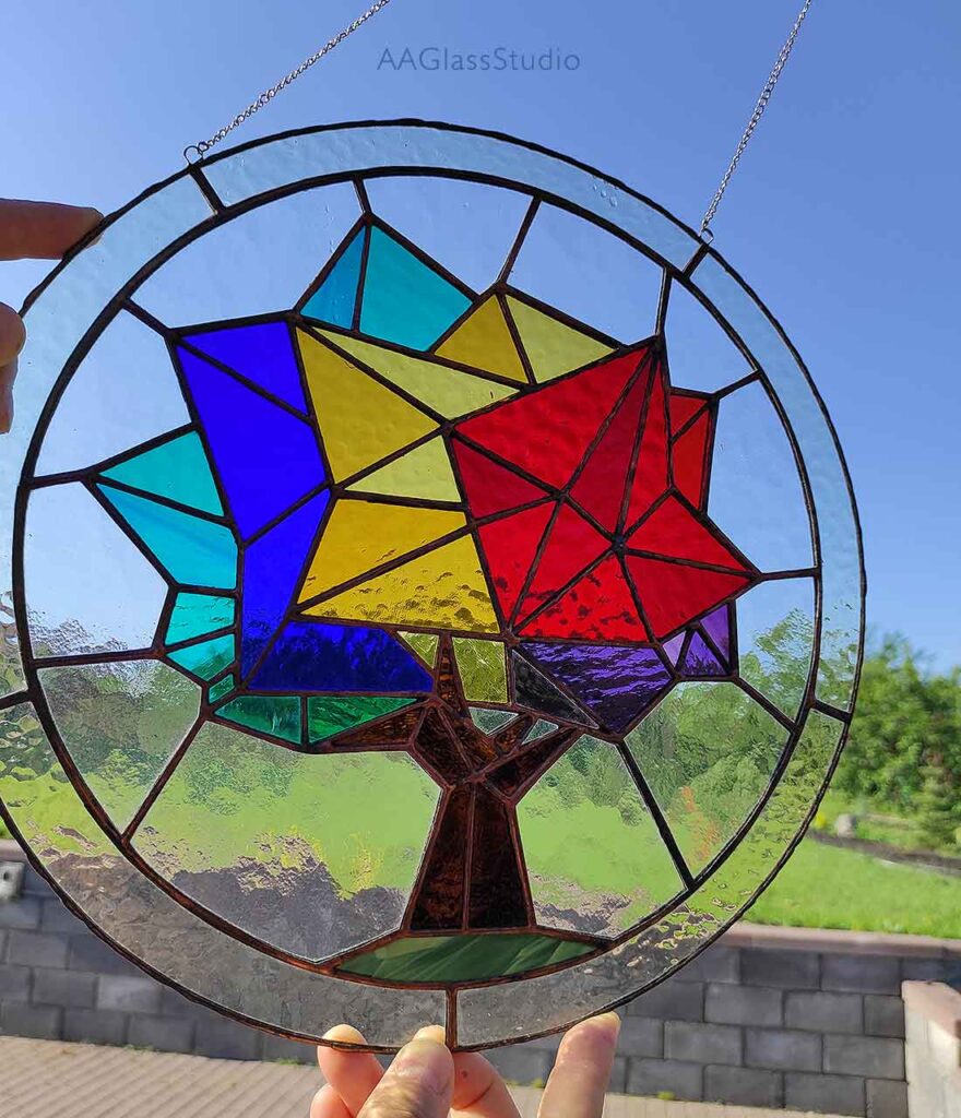 Bright Stained Glass Tree Of Life Pattern: Low Poly